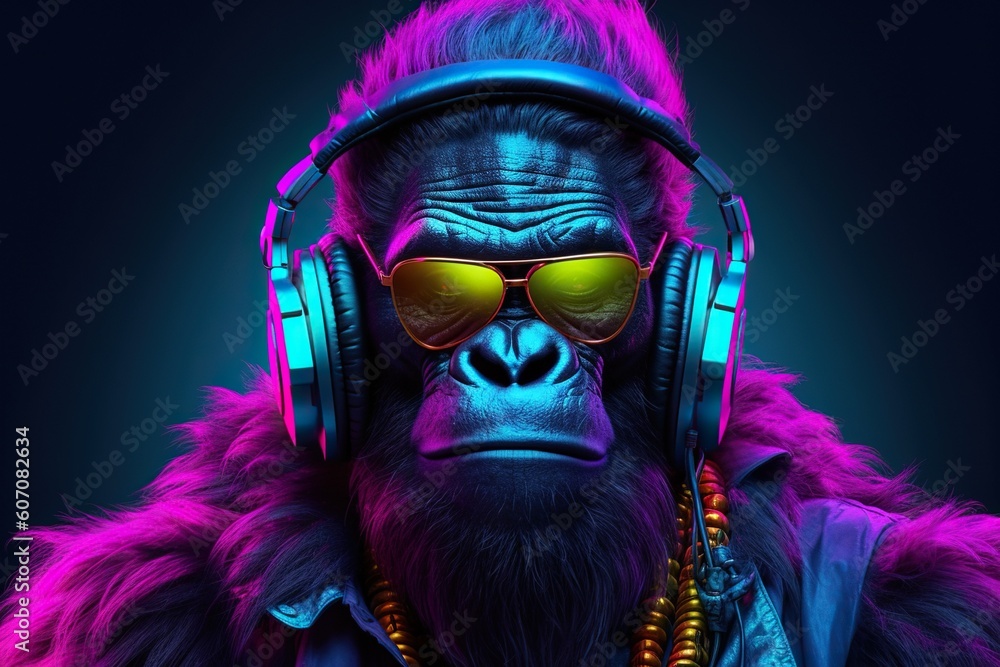 Neon portrait of gorilla rapper, gangsta monkey character. Generative ...