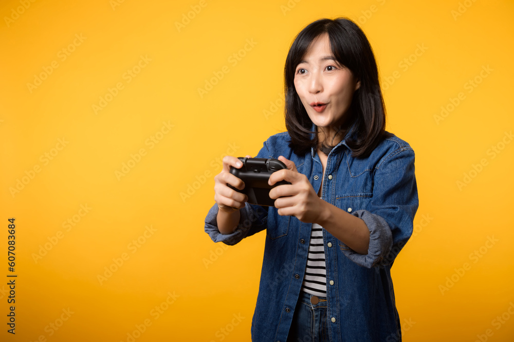 Portrait young asian woman with happy success smile wearing denim ...