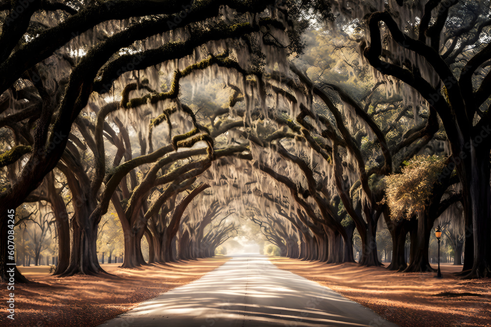 Oak trees surround the driveway at the famed Wormsloe Plantation in ...