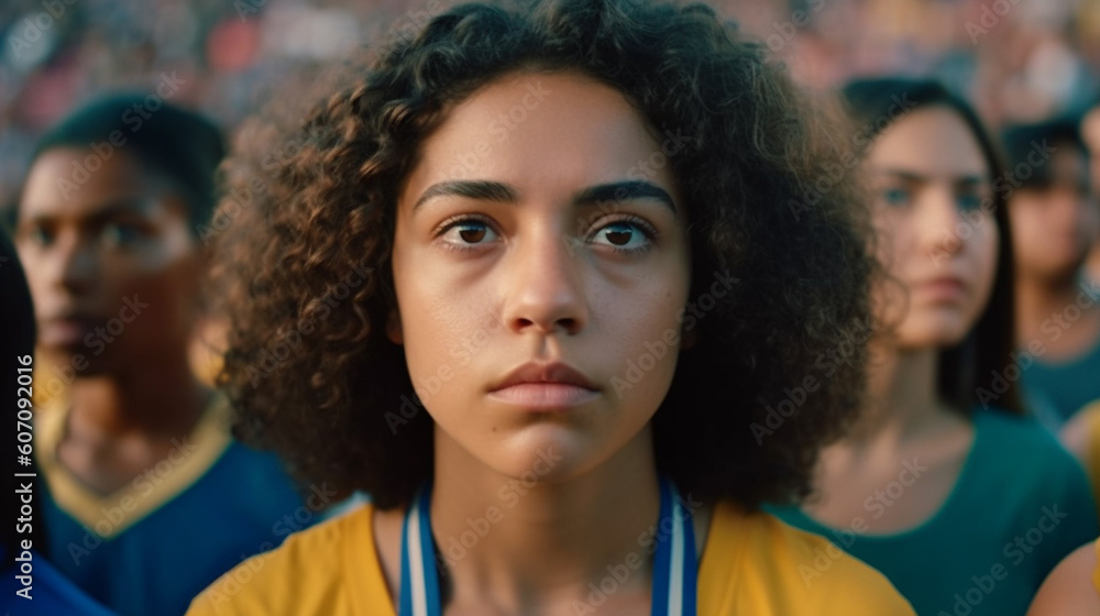 young adult woman at a sporting event, in a stadium, open-air, shocked ...