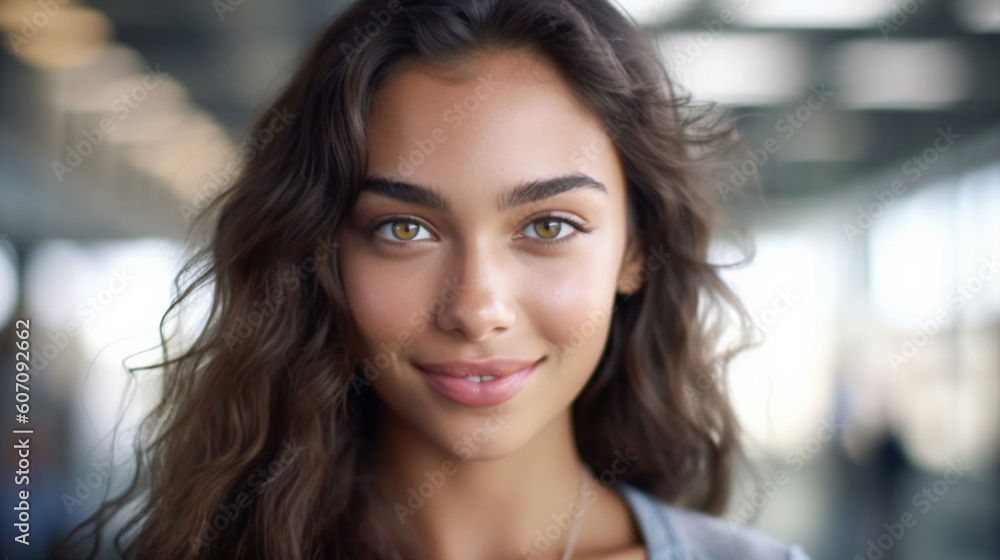 young adult attractive woman in office or other fictional interior ...