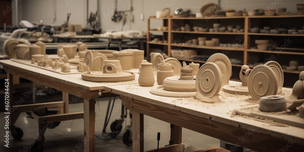 Pottery wheels, with clay and tools ready for a group ceramics class ...