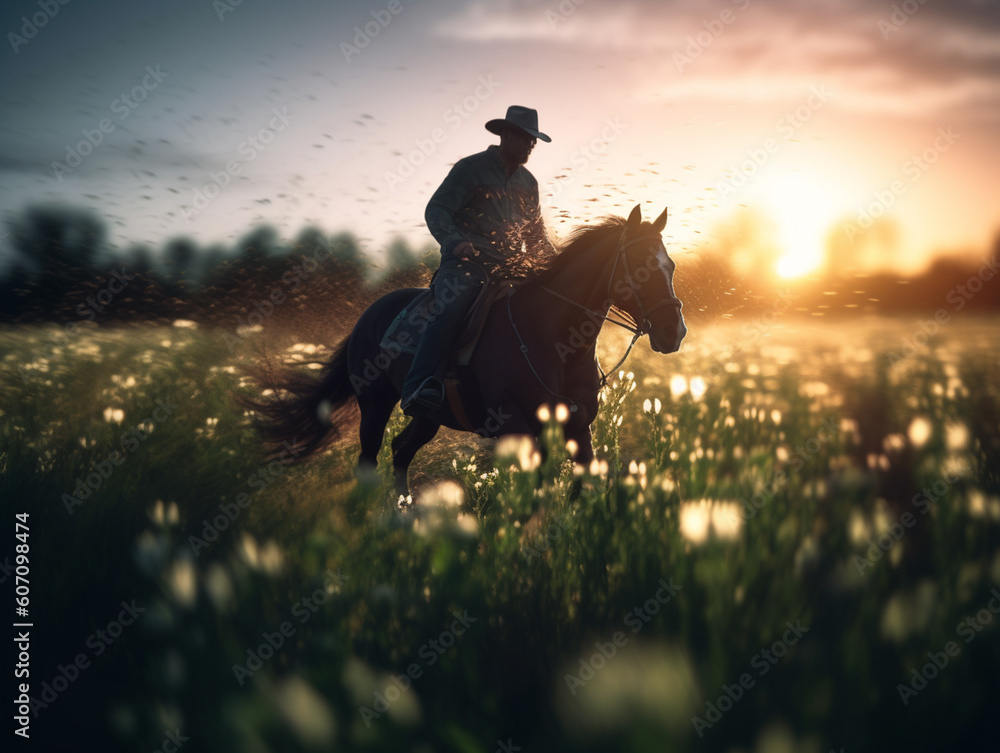 A cowboy is riding a horse in a spring field. The sunlight from behind ...