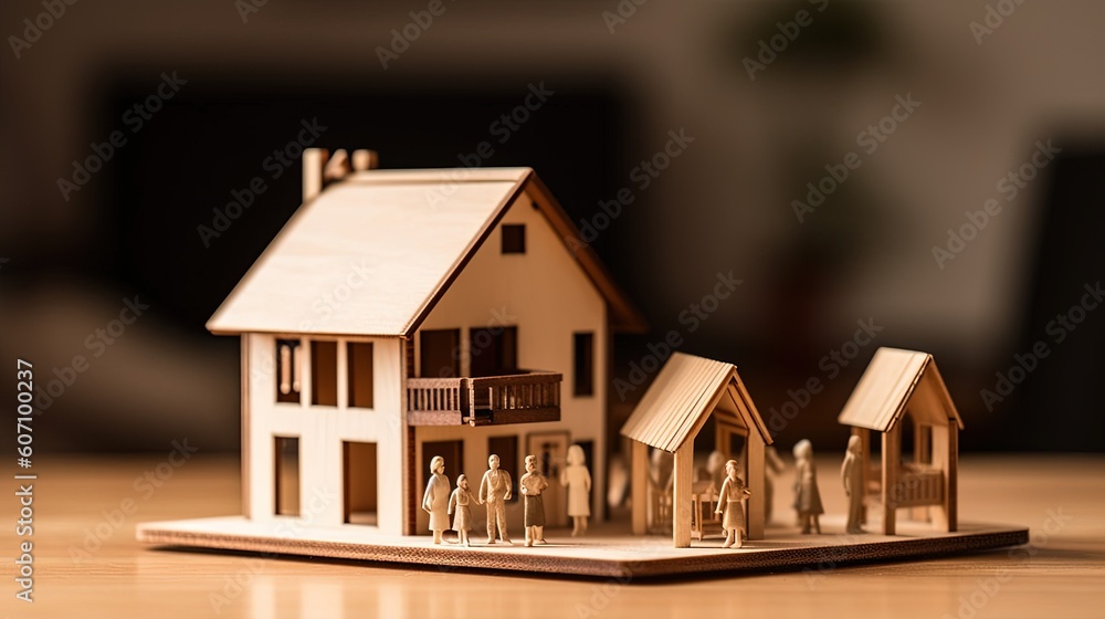 The maquette model of a wooden house showcases two different family ...