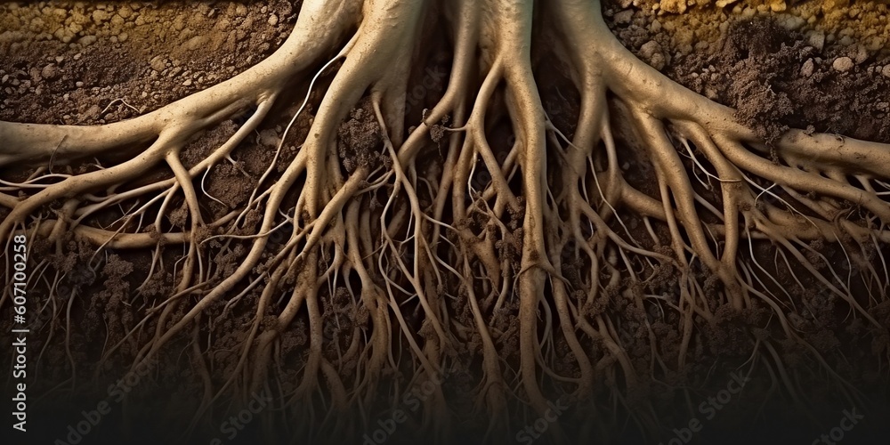 Tree roots in soil close up, underground texture, generative ai Stock ...