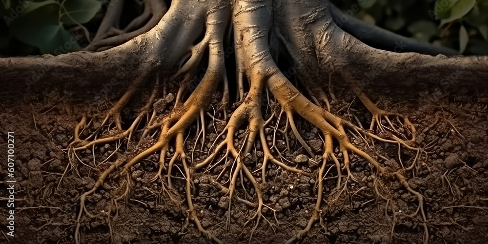 Tree roots in soil close up, underground texture, Generative AI. Stock ...