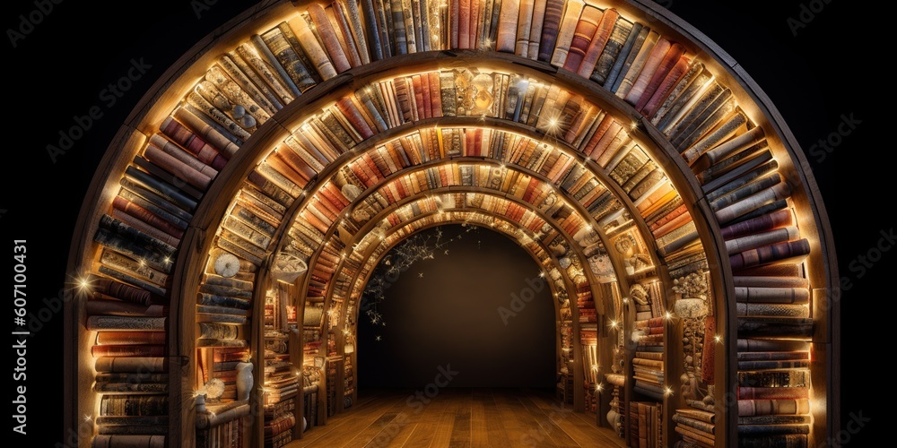 Magical bookshelf where each book opens a portal to a different world ...