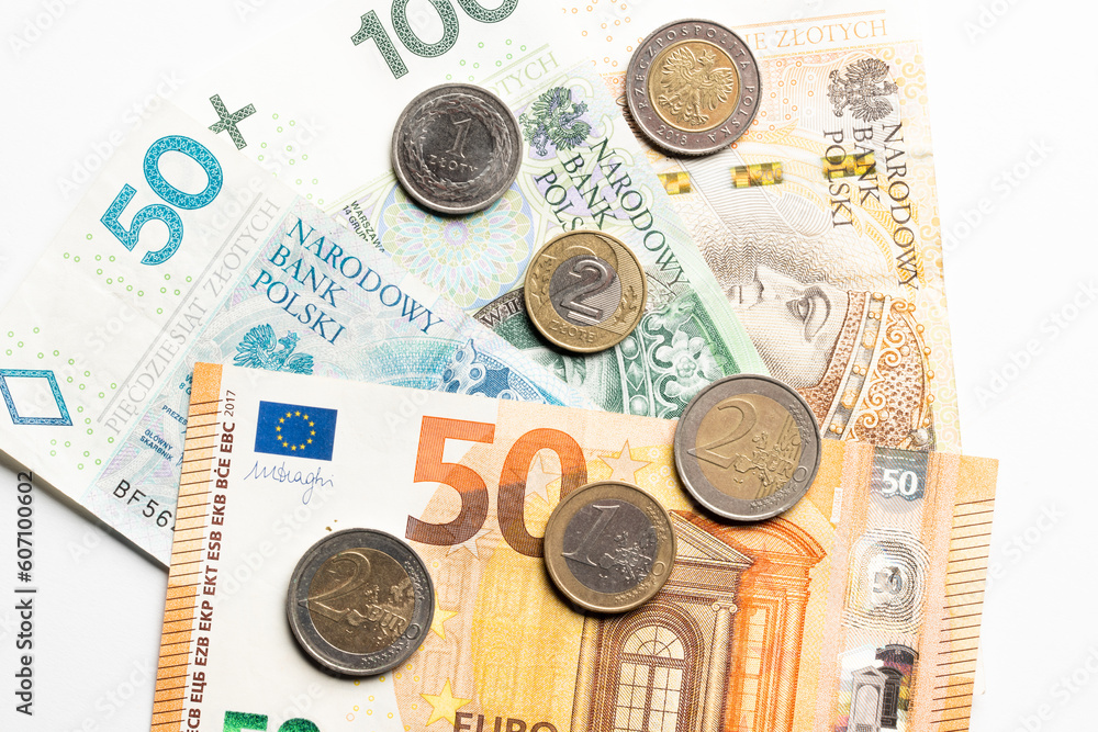 polisch currency zloty and euro currency coins and banknotes Stock ...