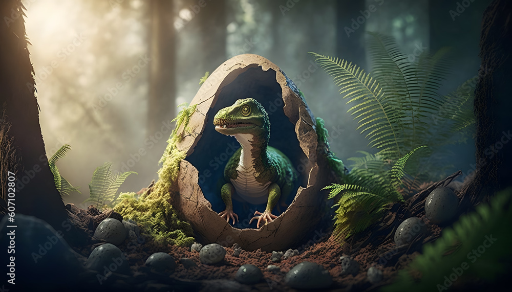Young dinosaur T Rex hatches from an egg in forest in habitat, Jurassic ...