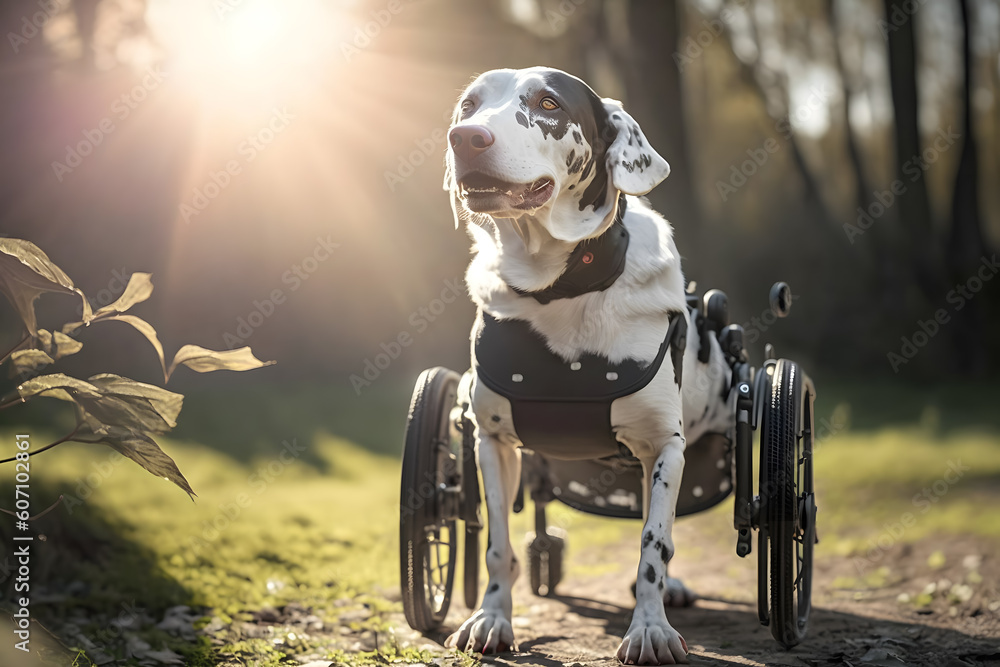 Handicapped dog in wheelchair at park, pet disabled walk in summer day ...