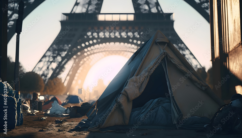 Refugee tent camp around Eiffel Tower in Paris city France, sun light ...