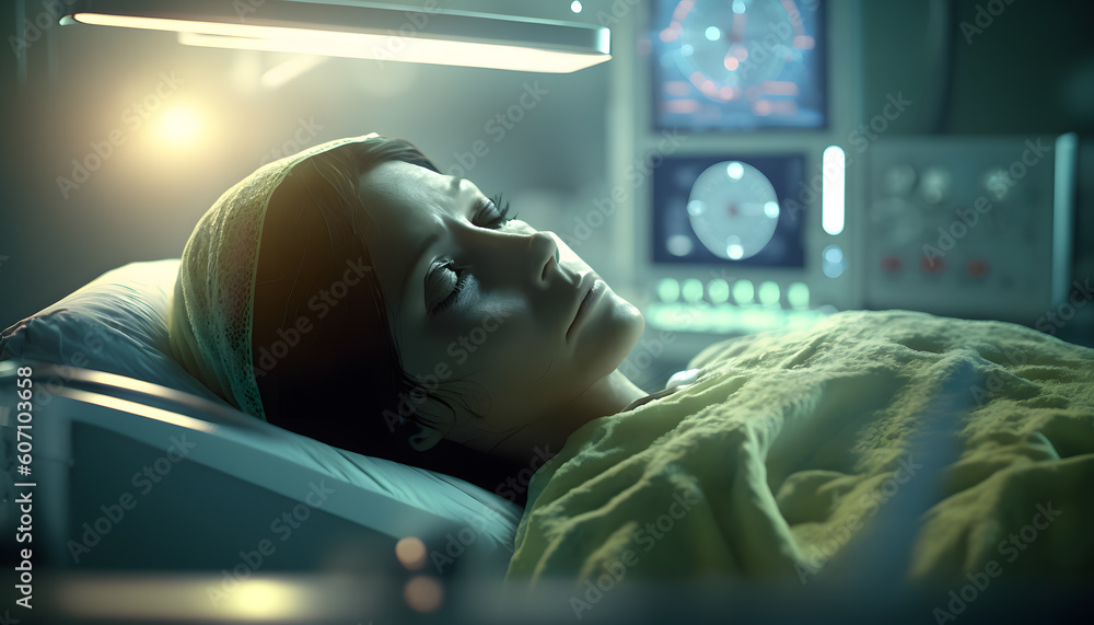 Lonely woman in scarf, sick with cancer, chained to bed in intensive ...