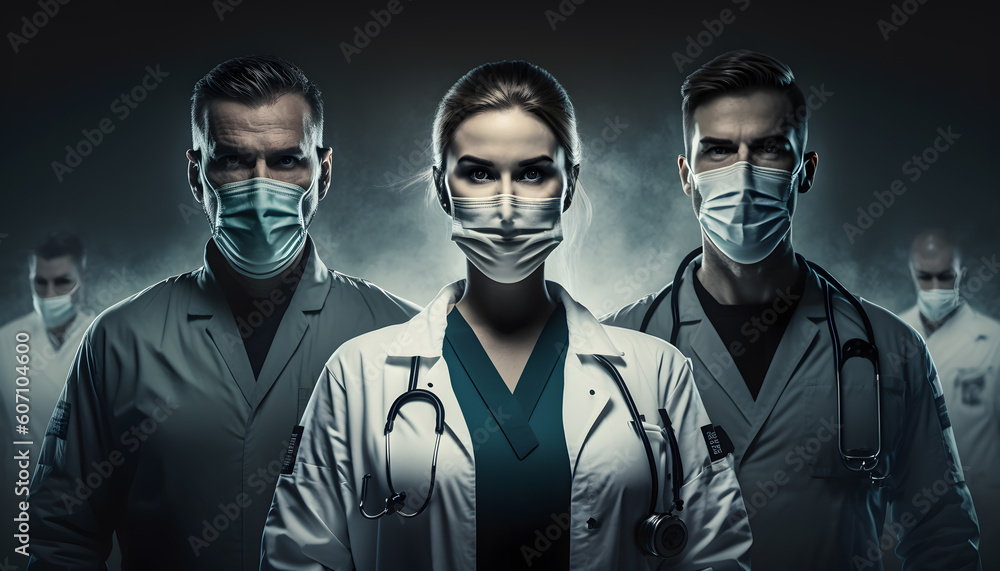 Team of medical doctors looking at camera standing in hospital ...