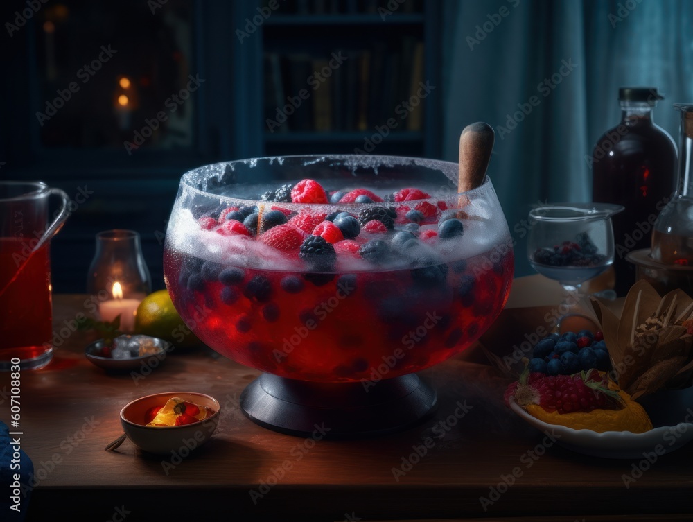 A Halloween Cauldron-shaped Punch Bowl With Dry Ice, Filled With a Red ...