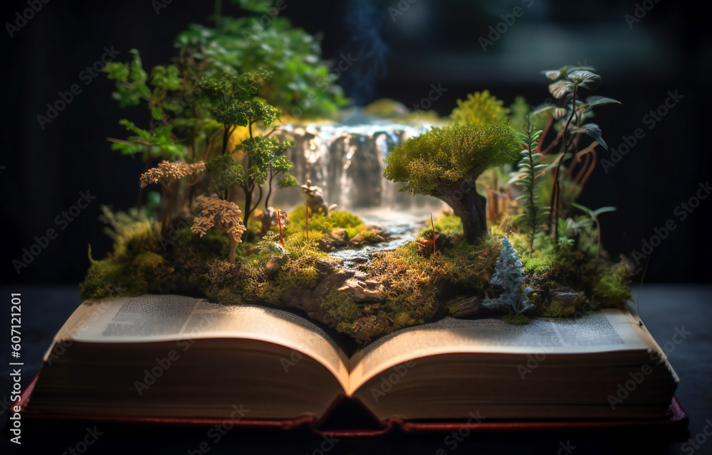 Fantasy illustration of an old book in the woods, covered with moss ...