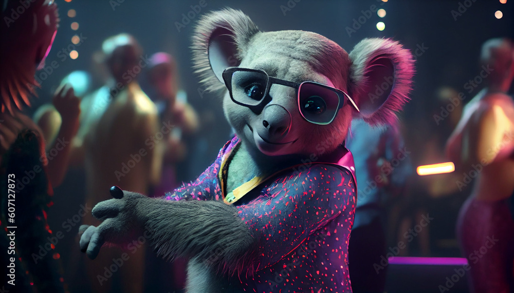 Funky Koala wearing stylish dress and dancing at the disco Ai generated ...