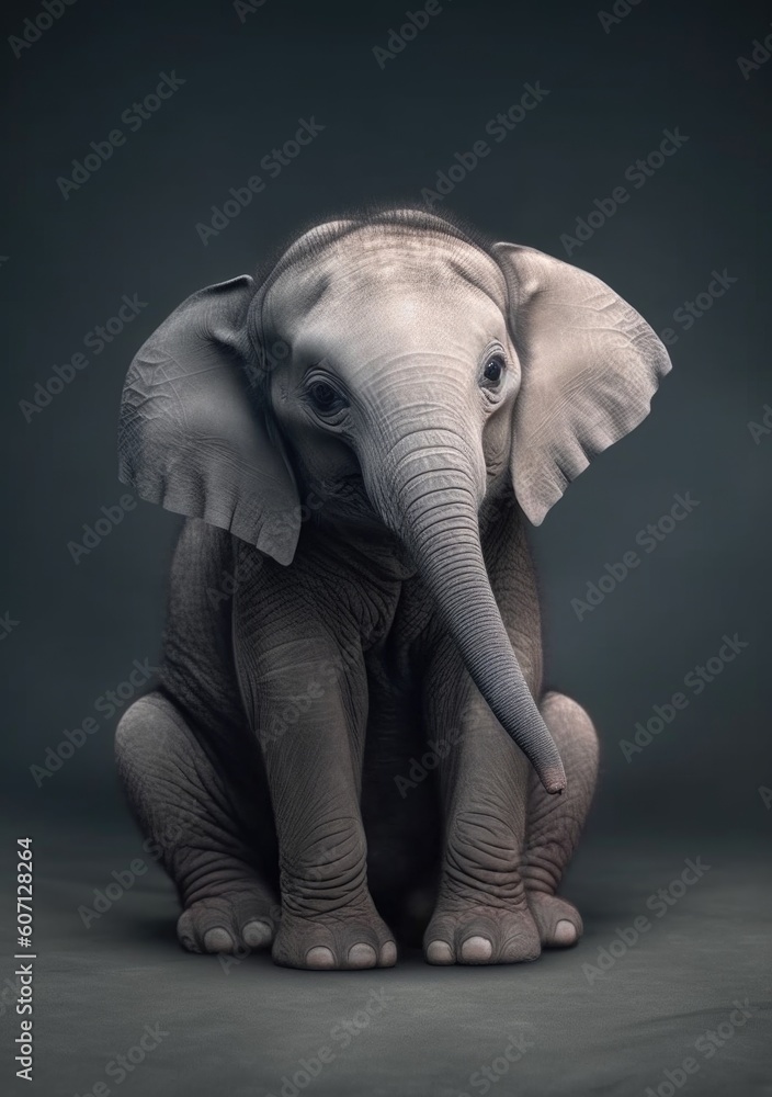 Cute young little elephant baby rest on the floor with grey background ...
