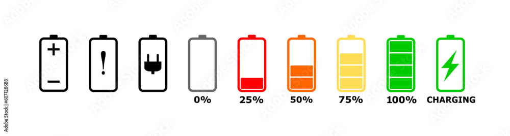 Smartphone Battery status icon. Full charge or low charge sign ...