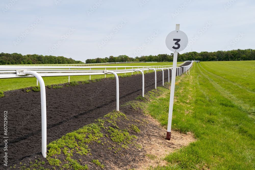British racecourse field seen next to a 3 furlong marker. The gallops ...