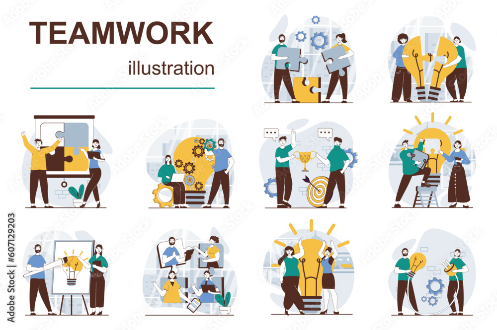 Teamwork concept with character situations mega set. Bundle of scenes ...