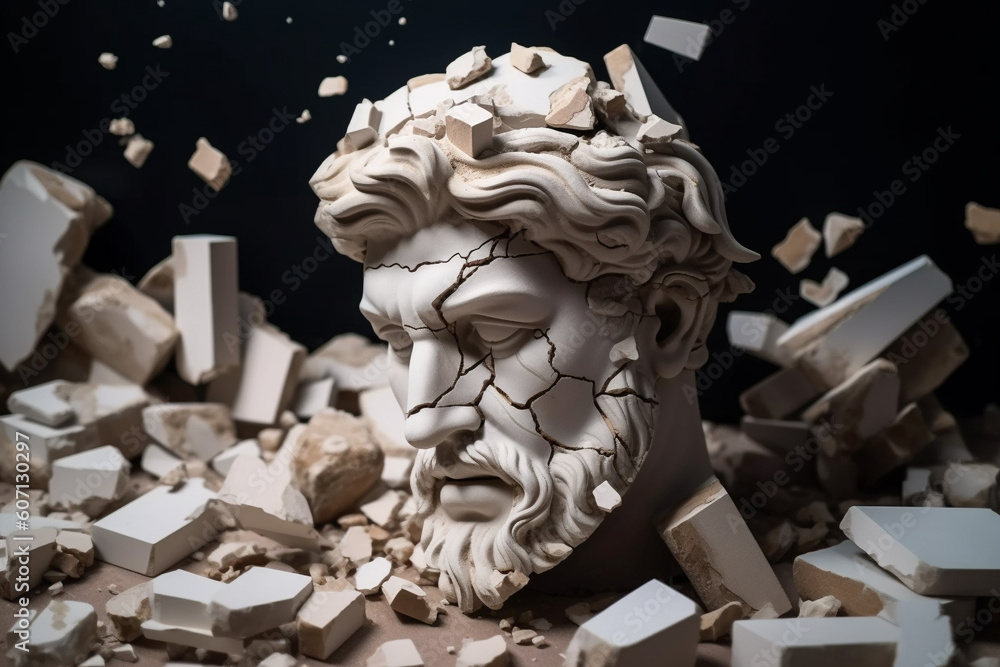 Broken ancient greek statue head falling in pieces. Broken marble ...