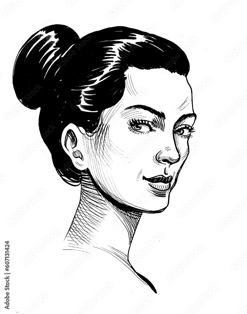 Beautiful Woman Face Hand Drawn Black And White Ink On Paper Drawing