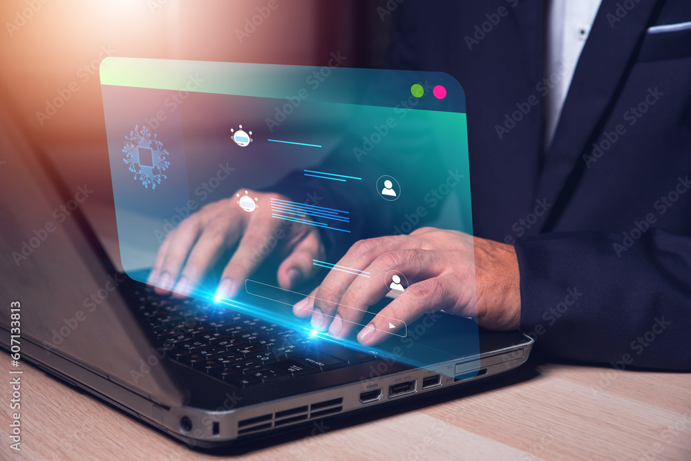 man using laptop Chat with Chatbot for information, Futuristic ...