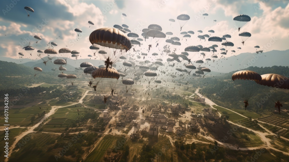 Visualize a thrilling airborne assault, with paratroopers descending ...