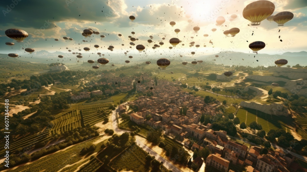 Visualize a thrilling airborne assault, with paratroopers descending ...