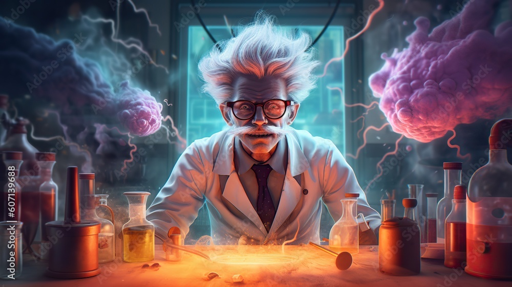 Mad scientist or crazy doctor cartoon character in science lab ...