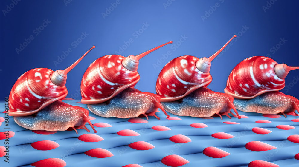 Blue snails on a red background were illustrated using Generative AI ...