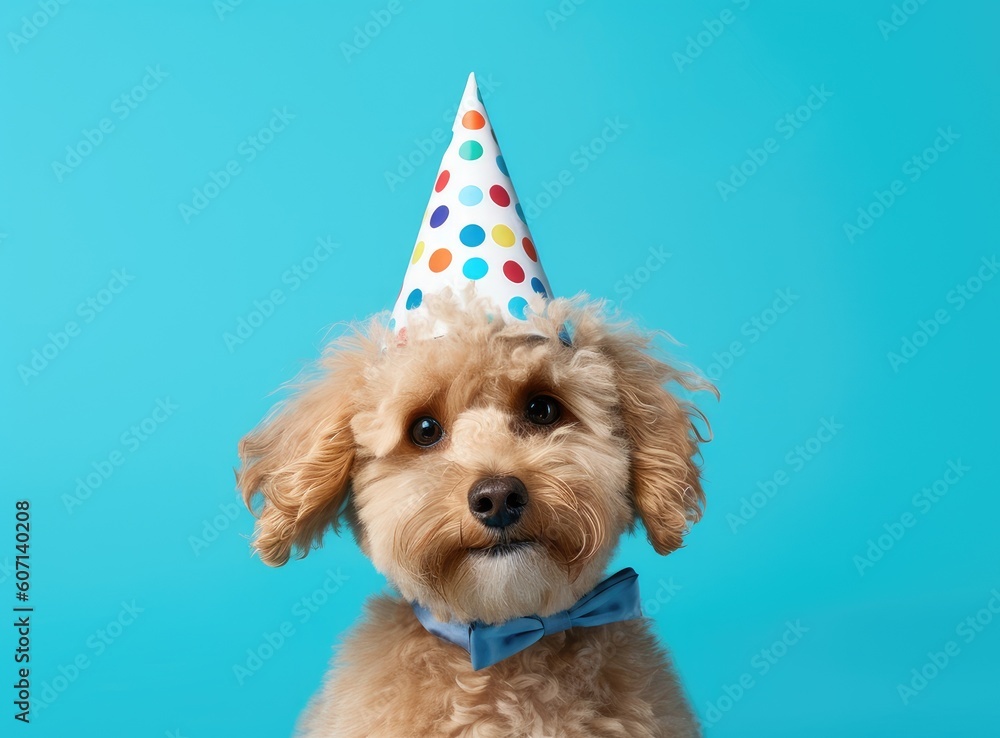 Happy cute scruffy dog celebrating with birthday cake and party hat ...