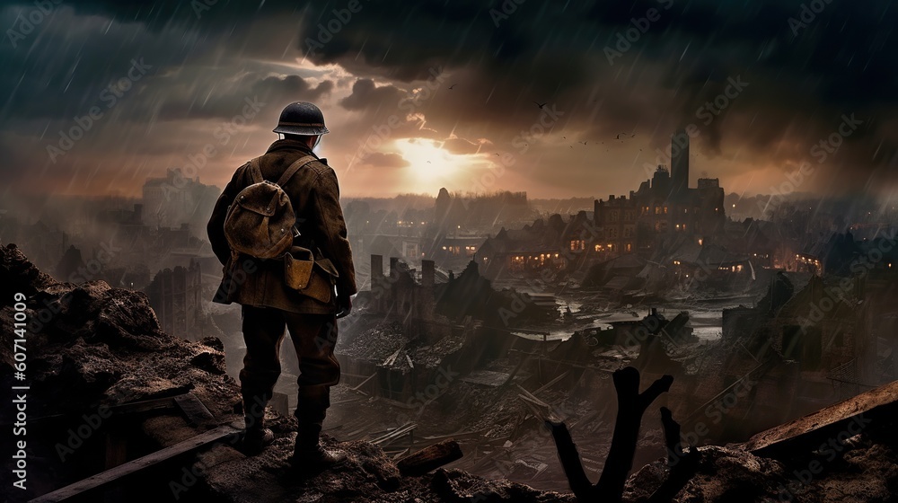 Epic back view of WW2 soldier on battlefield in destroyed eurpoean town ...