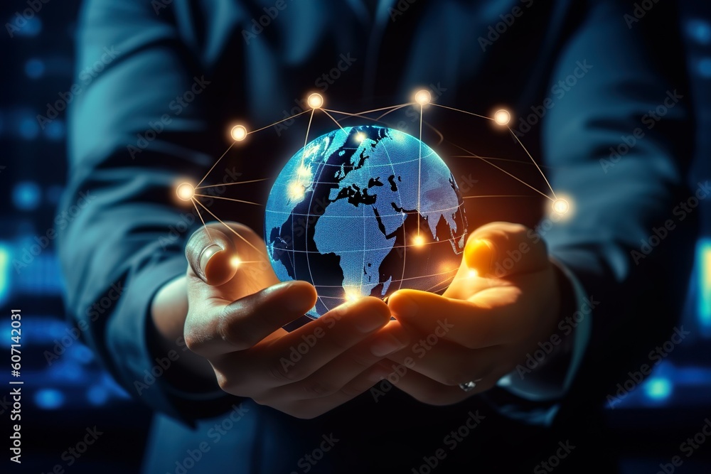 the hands of a businessman holding the world, global business ...