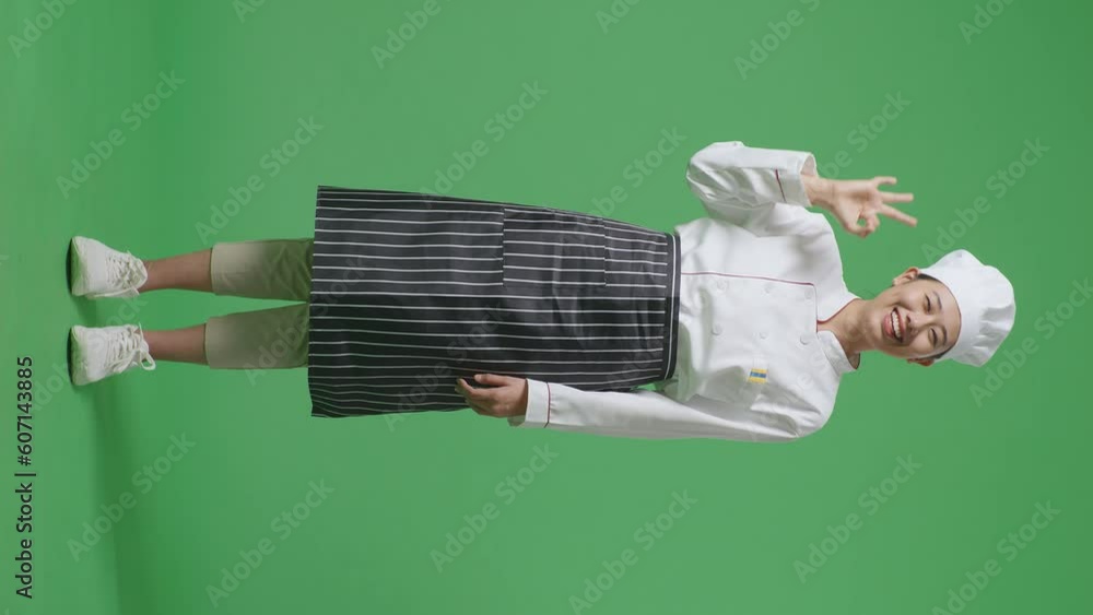 Full Body Of Asian Woman Chef Smiling And Showing Okay Gesture To ...