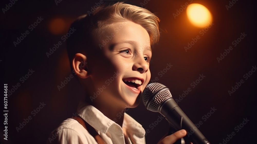 Little singer boy sing song to microphone on stage, happy attractive ...