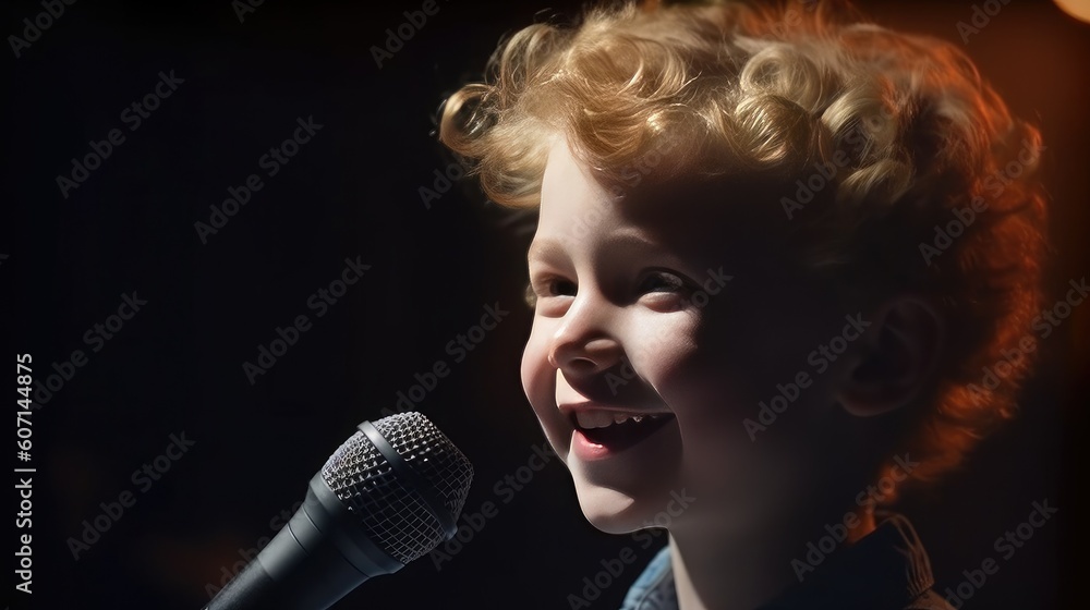 Little singer boy sing song to microphone on stage, happy attractive ...