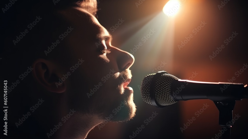 Close up singer man sing song to microphone on stage, attractive singer ...