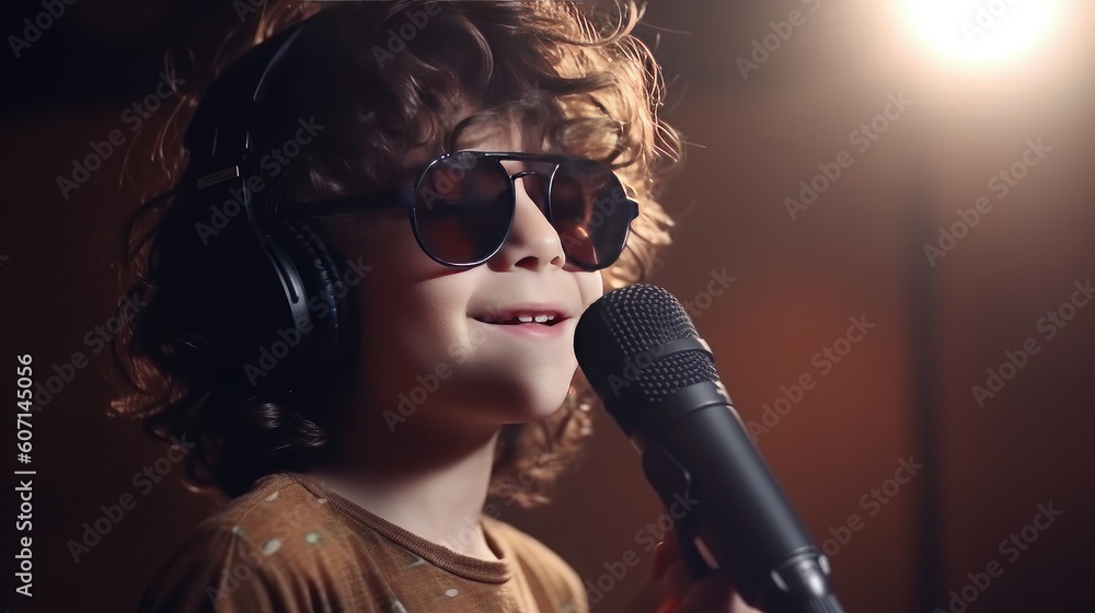 Little singer boy sing song to microphone on stage, happy attractive ...