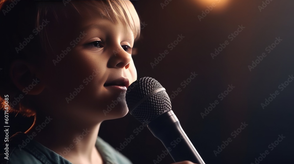 Little singer boy sing song to microphone on stage, happy attractive ...