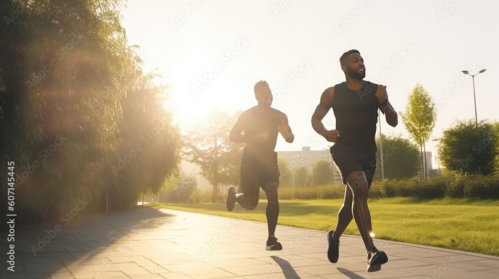 Two black men morning jogging in park sunlight, smiling friends men ...