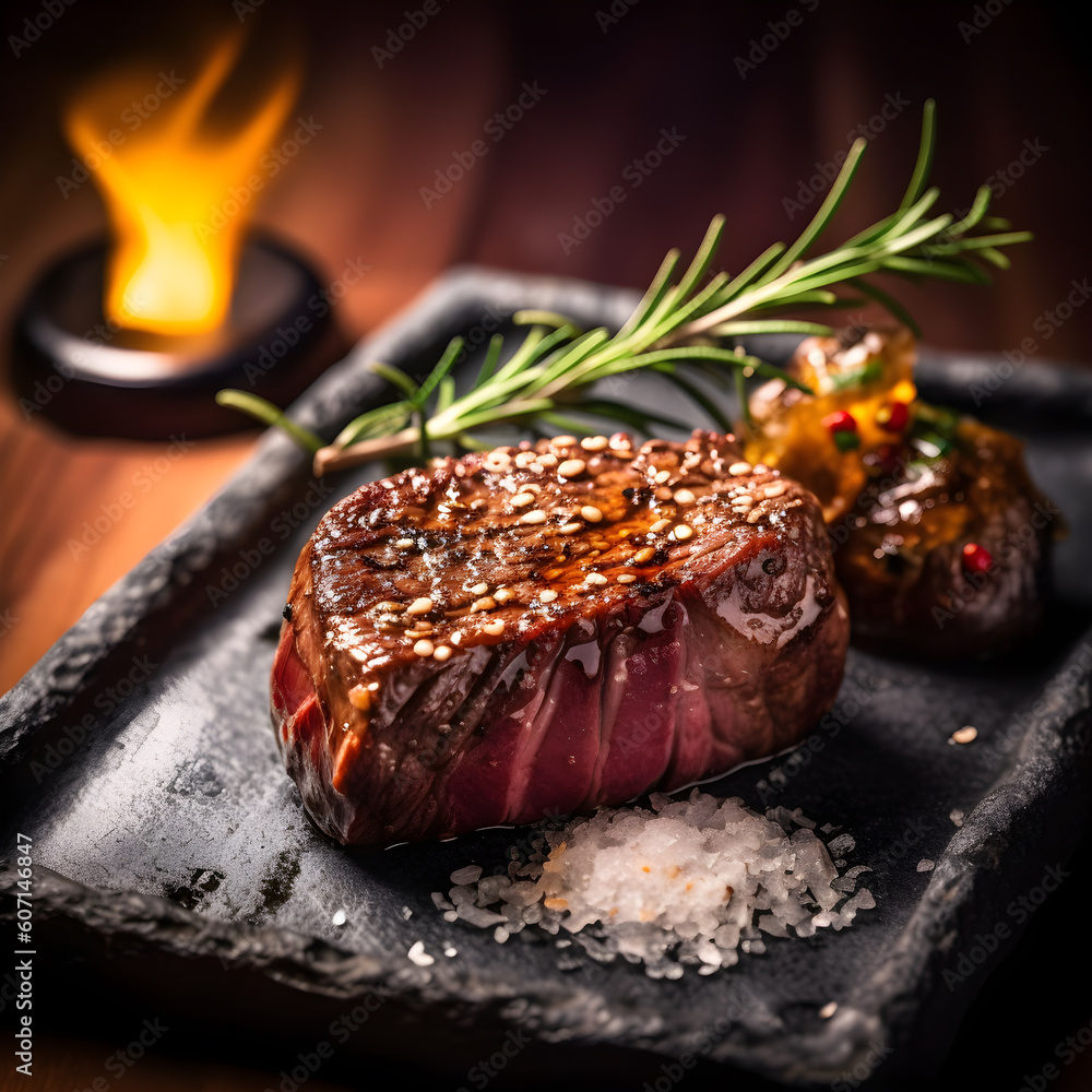 Kobe beef served with salt bae, olive oil, roasted garlic and rosemary ...