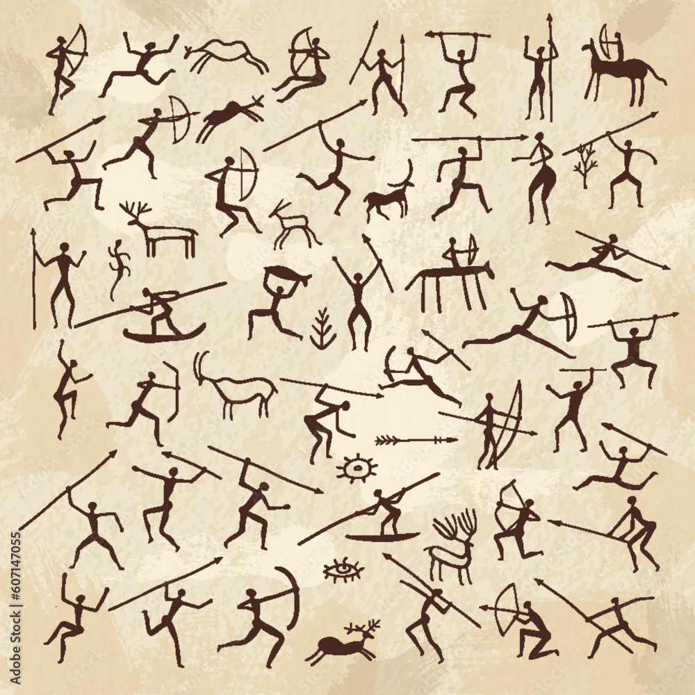 Caveman pictures. Wall paintings symbols of prehistoric period recent ...