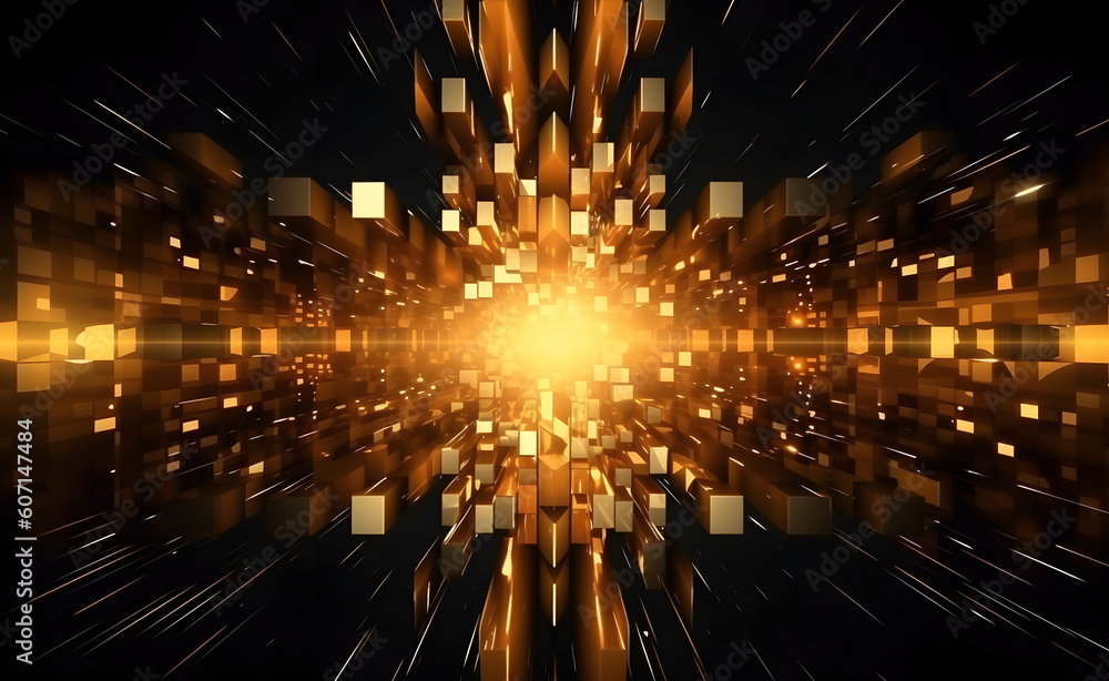 Gilded Pixel Glow: A black background comes alive with golden light ...