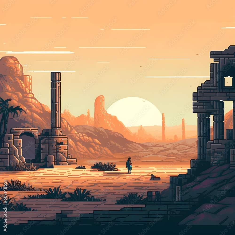 Ancient ruins in desert landscape, rpg, adventure, ruins, pixel art ...