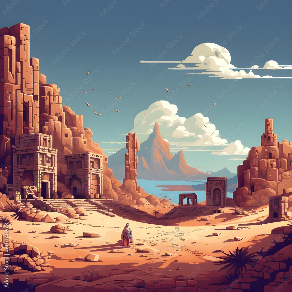 Ancient ruins in desert landscape, rpg, adventure, ruins, pixel art ...