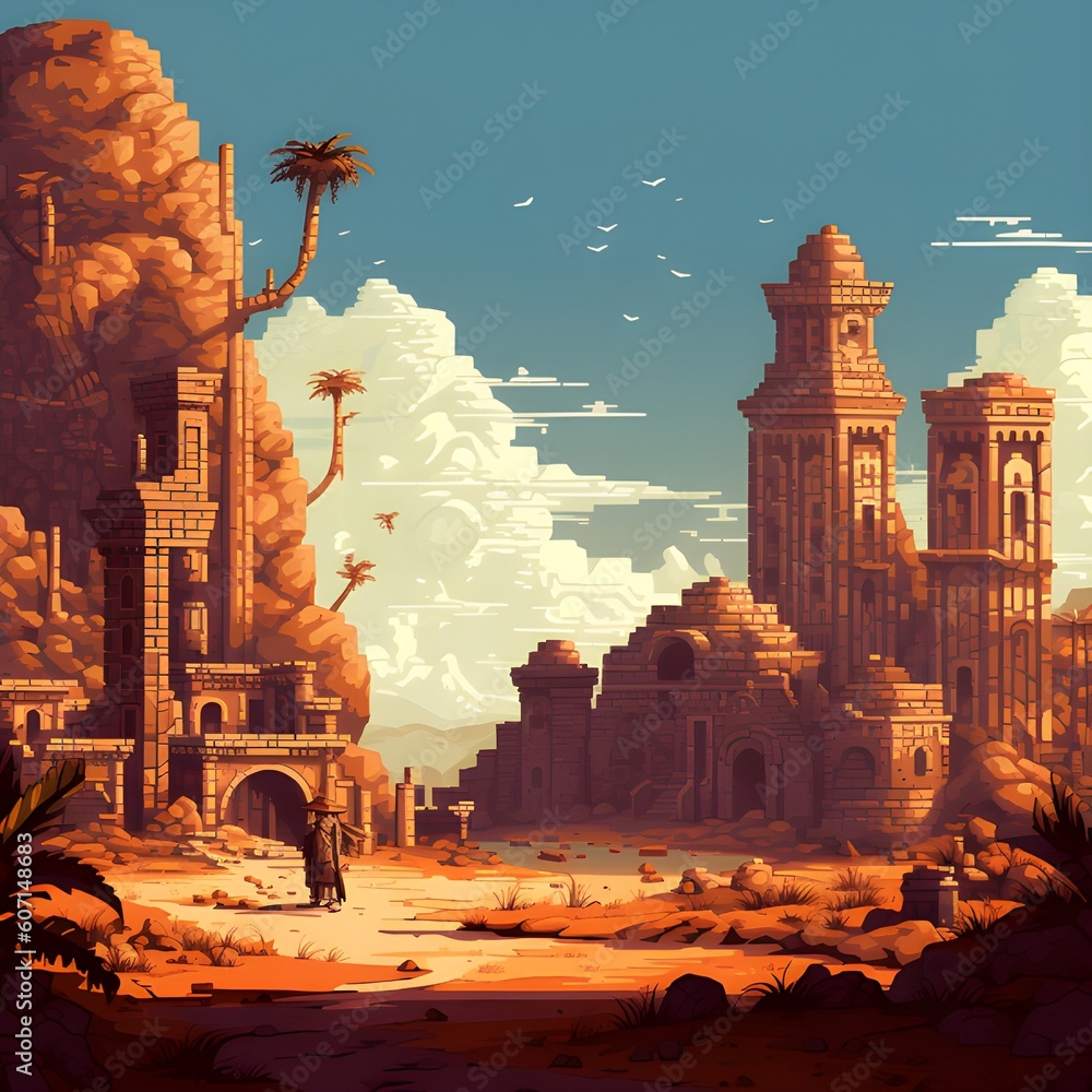 Ancient ruins in desert landscape, rpg, adventure, ruins, pixel art ...