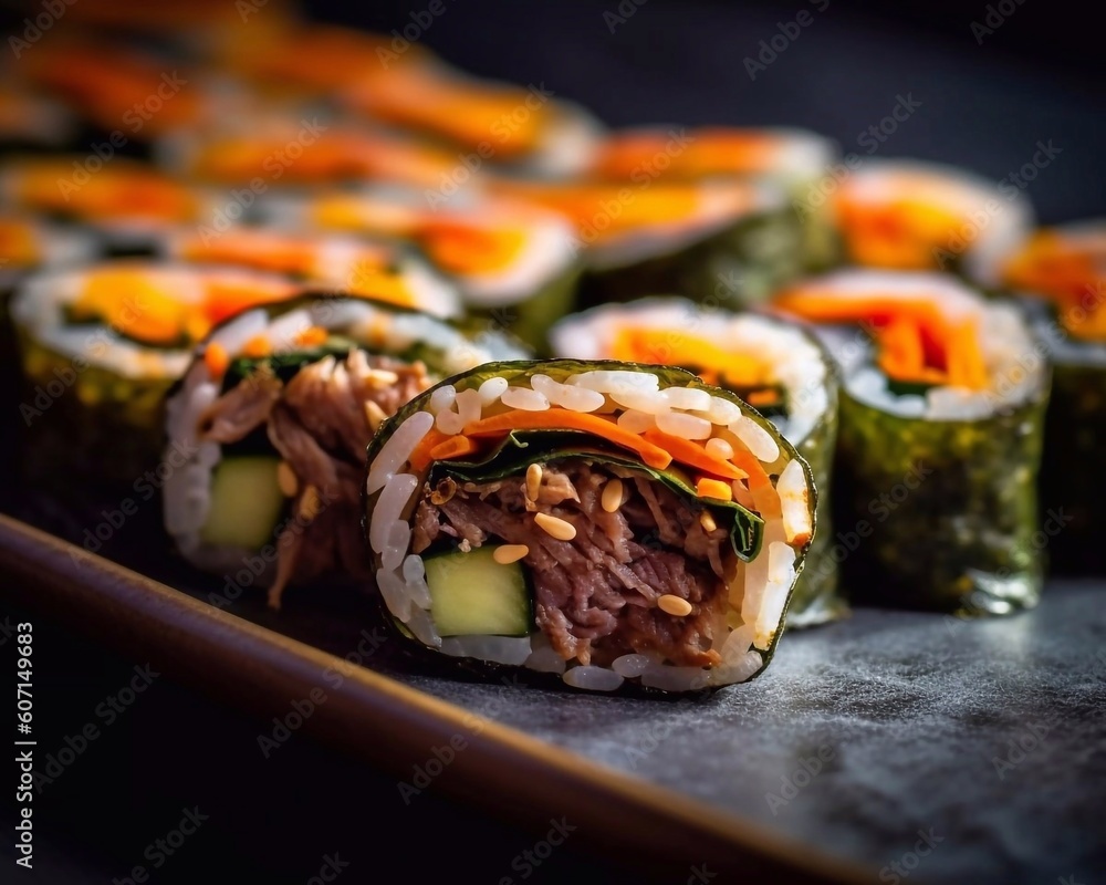 Gimbap or kimbap, korean stuffed rolls, traditional asian food. Dark ...