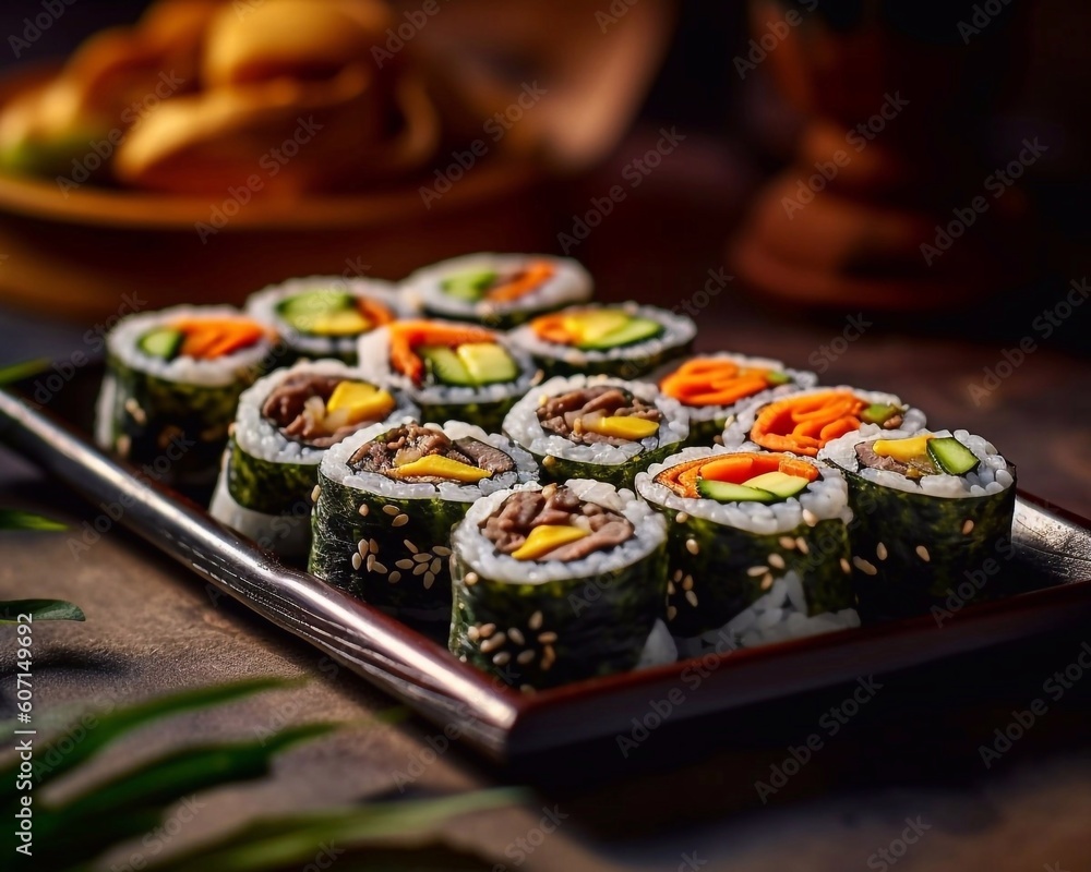 Gimbap or kimbap, korean stuffed rolls, traditional asian food. Dark ...