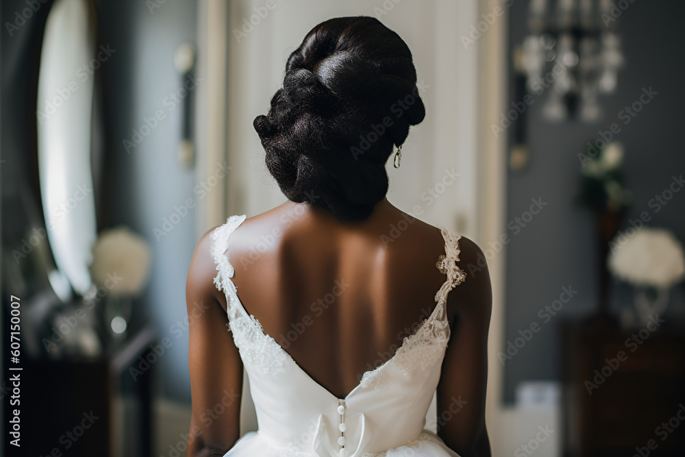 An African American Bride Stands With Her Back in the Room, Wedding ...
